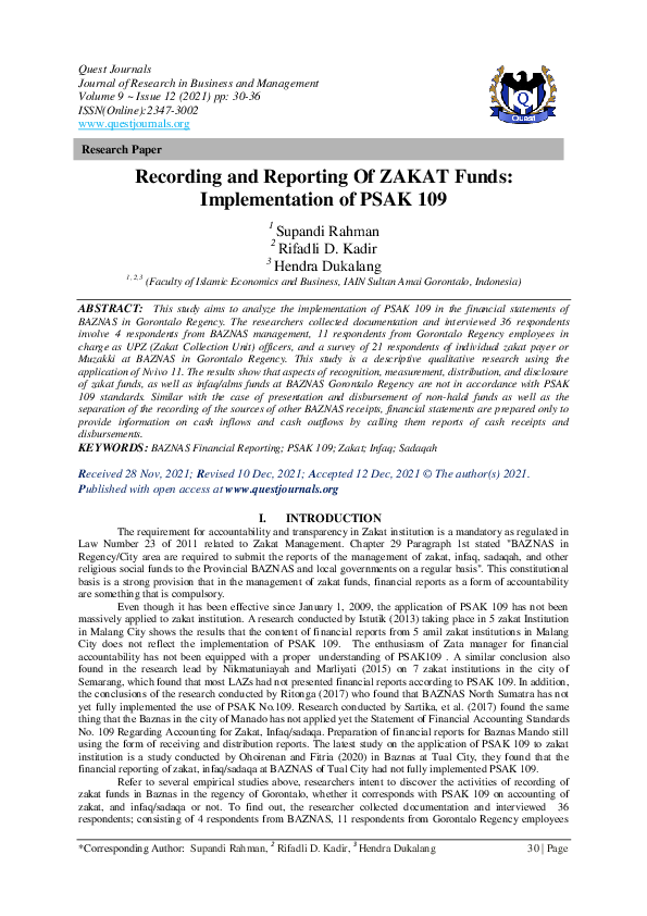 (PDF) Recording and Reporting Of ZAKAT Funds: Implementation of PSAK 109