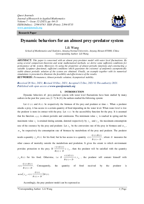 Pdf Dynamic Behaviors For An Almost Prey Predator System