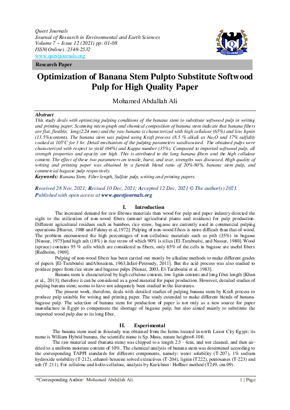 (PDF) Optimization of Banana Stem Pulpto Substitute Softwood Pulp for ...