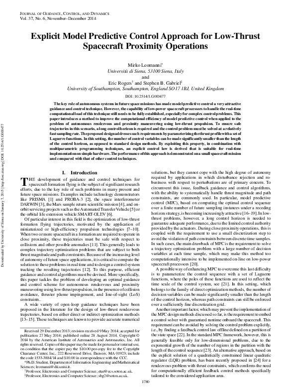Pdf Explicit Model Predictive Control Approach For Low Thrust Spacecraft Proximity Operations