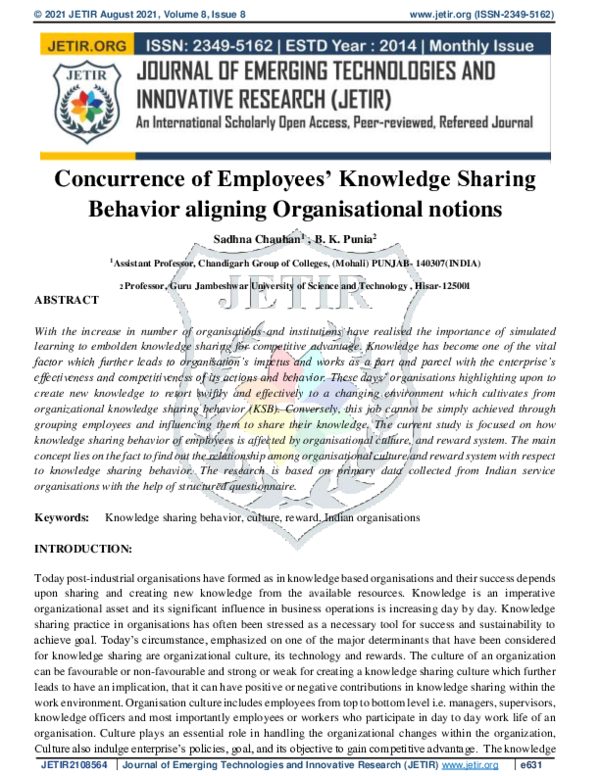 (PDF) Concurrence of Employees’ Knowledge Sharing Behavior aligning Organisational notions