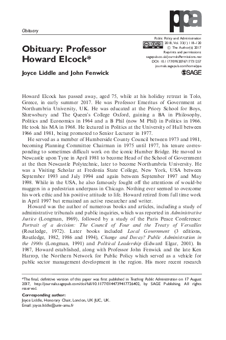 (PDF) Obituary: Professor Howard Elcock*