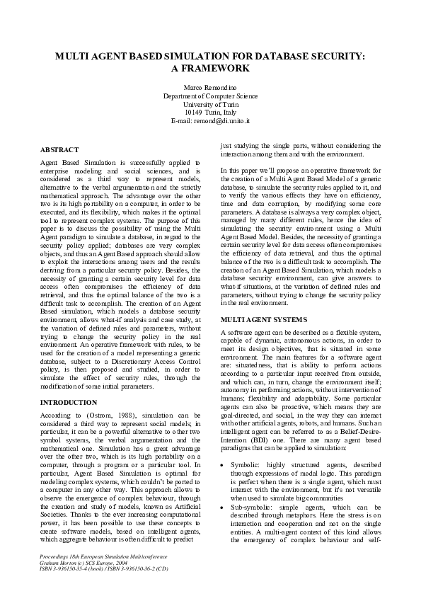 (PDF) Multi Agent Based Simulation for Database Security : A Framework