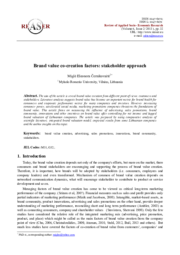 (PDF) Brand value co-creation factors: stakeholder approach