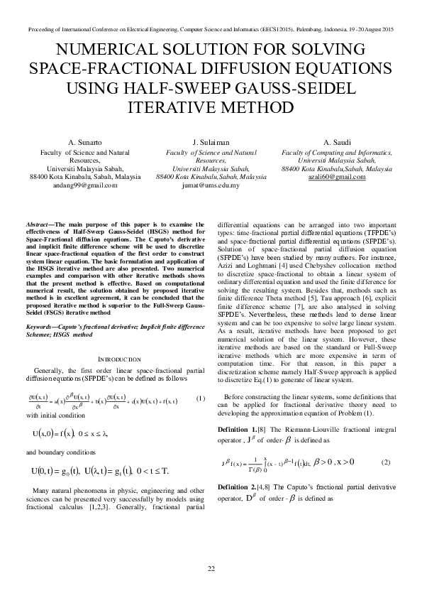 Pdf Numerical Solution For Solving Space Fractional Diffusion Equations Using Half Sweep Gauss