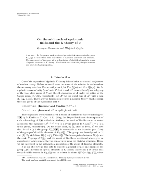 Pdf On The Arithmetic Of Cyclotomic Fields And The K Theory Of Q