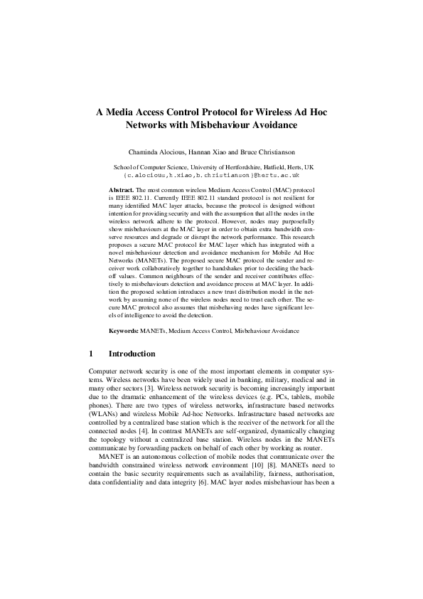(PDF) A Media Access Control Protocol for Wireless Adhoc Networks with Misbehaviour Avoidance