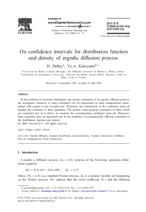(PDF) On confidence intervals for distribution function and density of ergodic diffusion process ...