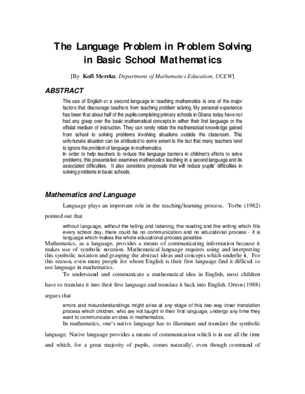 (PDF) The Language Problem in Problem Solving in Basic School Mathematics