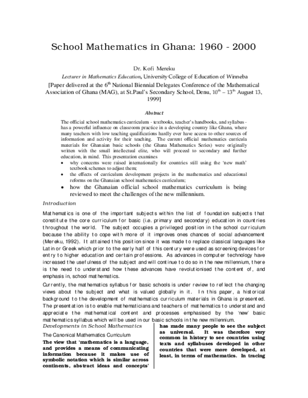 (PDF) School Mathematics in Ghana: 1960 - 2000