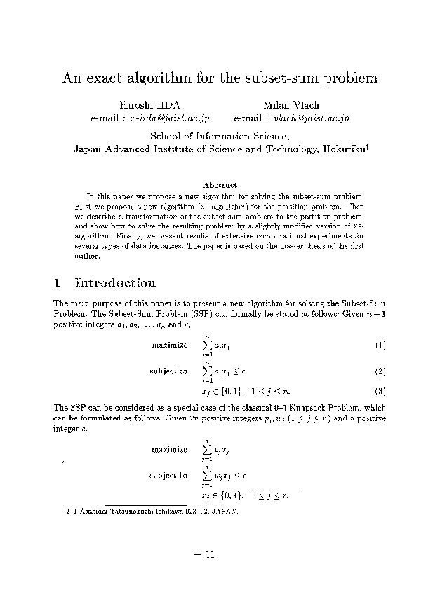 Pdf An Exact Algorithm For The Subset Sum Problem Milan Vlach