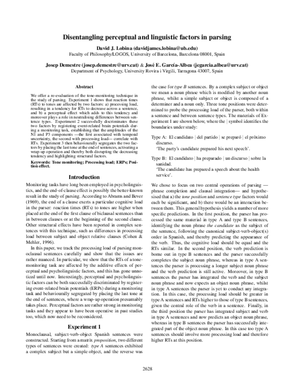 (PDF) Disentangling perceptual and linguistic factors in parsing | Josep Demestre - Academia.edu