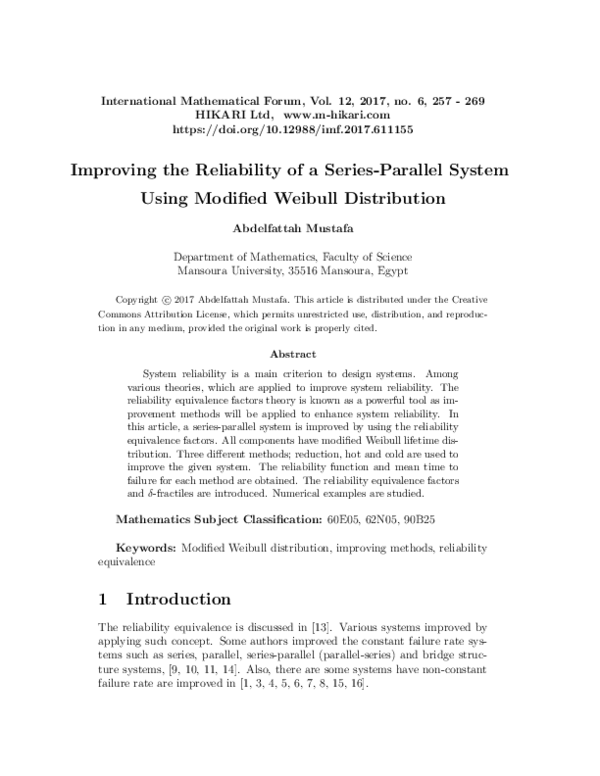 (PDF) Improving the reliability of a series-parallel system using modified Weibull distribution