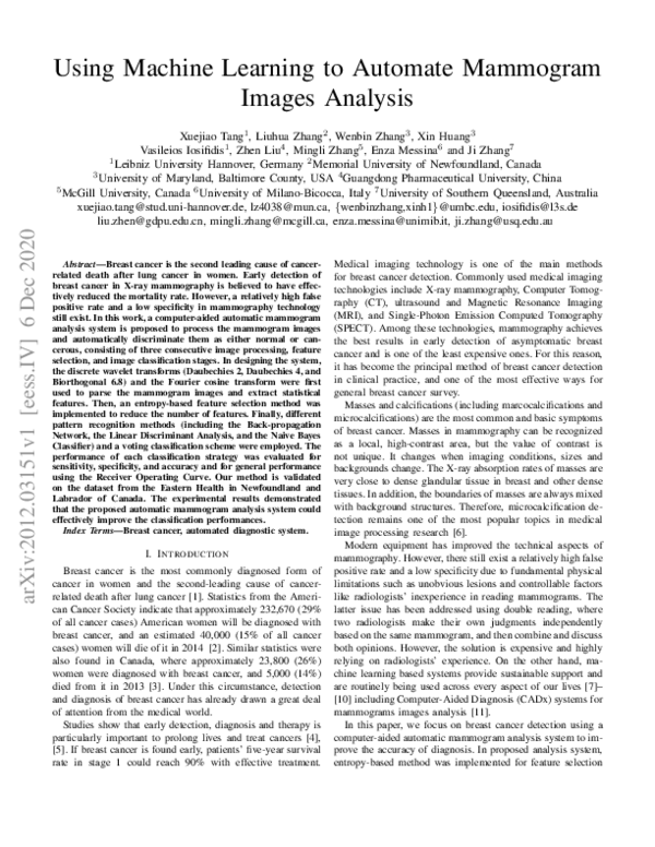 Pdf Using Machine Learning To Automate Mammogram Images Analysis
