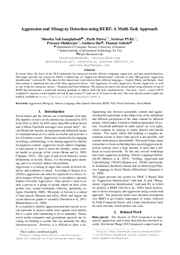 Pdf Aggression And Misogyny Detection Using Bert A Multi Task Approach