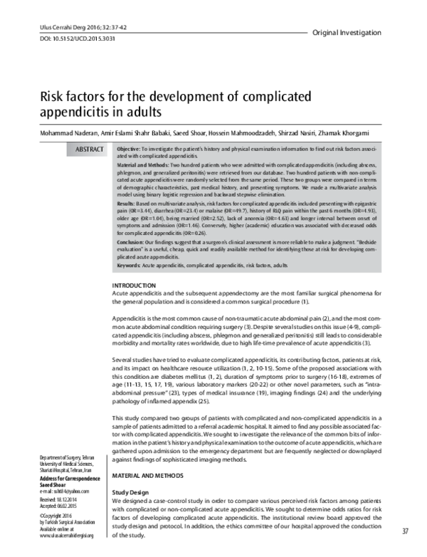 (PDF) Risk factors for the development of complicated appendicitis in ...