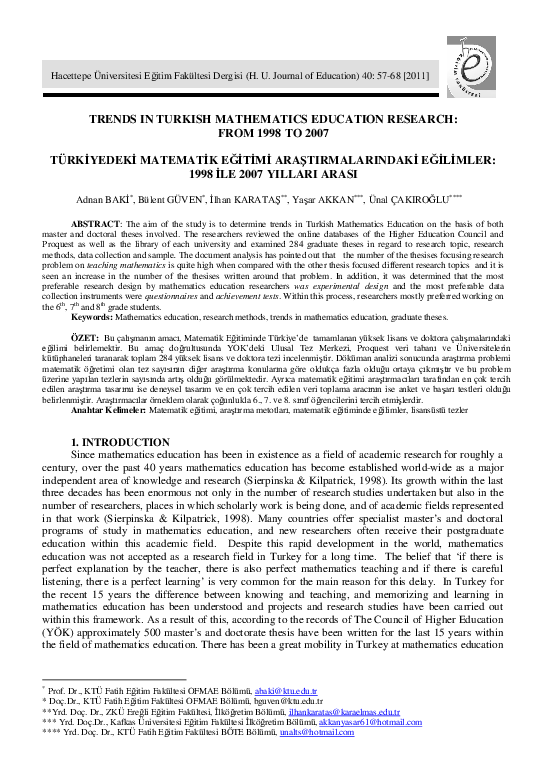 (PDF) Trends in Turkish Mathematics Education Research: From 1998 to 2007