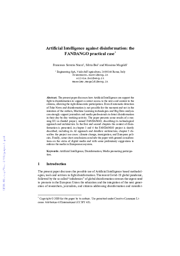 (PDF) Artificial Intelligence Against Disinformation: The FANDANGO ...