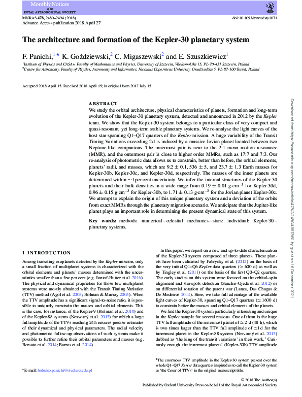 (PDF) The architecture and formation of the Kepler-30 planetary system
