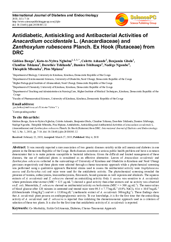 (PDF) Antidiabetic, Antisickling and Antibacterial Activities of Anacardium occidentale L ...