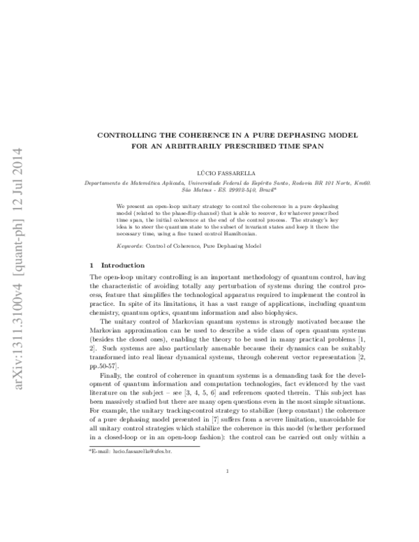 (PDF) Controlling the coherence in the pure dephasing model for ...