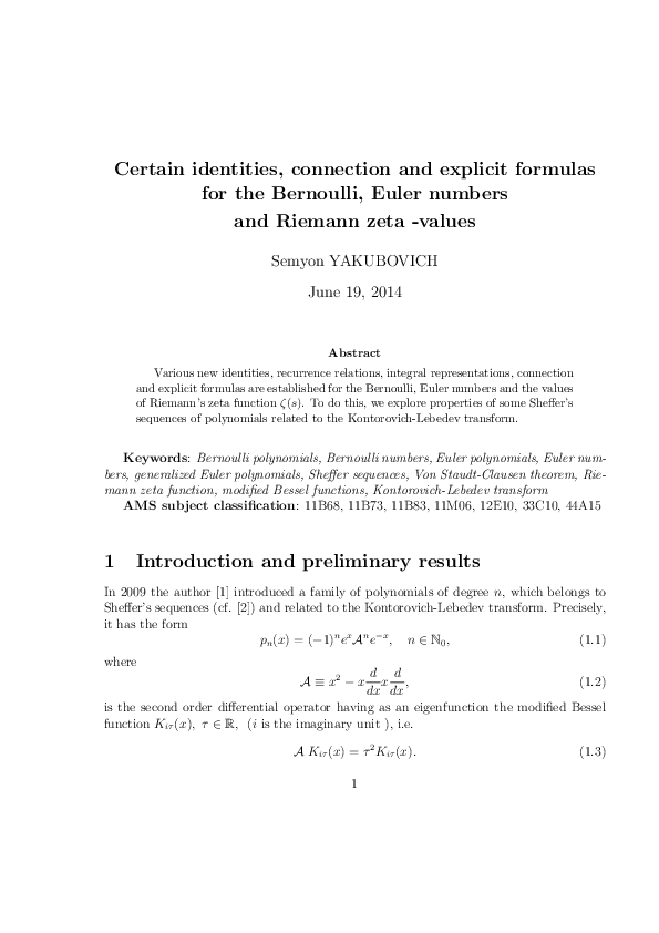 Pdf Certain Identities Connection And Explicit Formulas For The Bernoulli Euler Numbers And