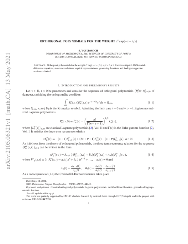 (PDF) Orthogonal polynomials for the weight $x^{\nu} \exp(-x - t/x)$