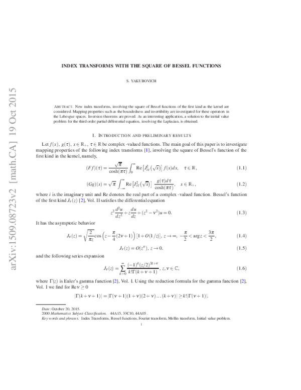 (PDF) Index transforms with the square of Bessel functions