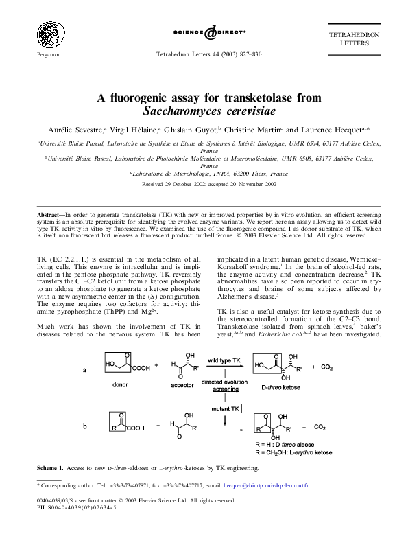 (PDF) A fluorogenic assay for transketolase from Saccharomyces cerevisiae