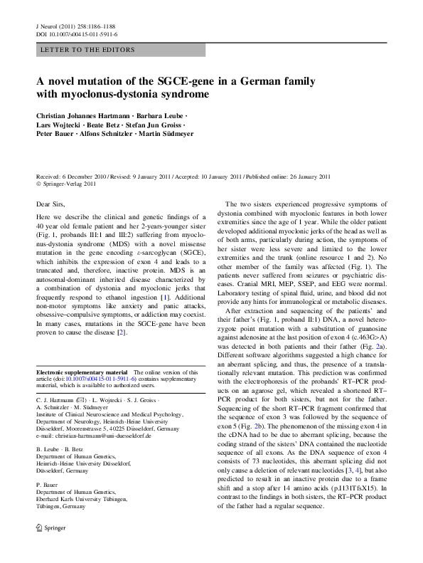(PDF) A novel mutation of the SGCE-gene in a German family with ...