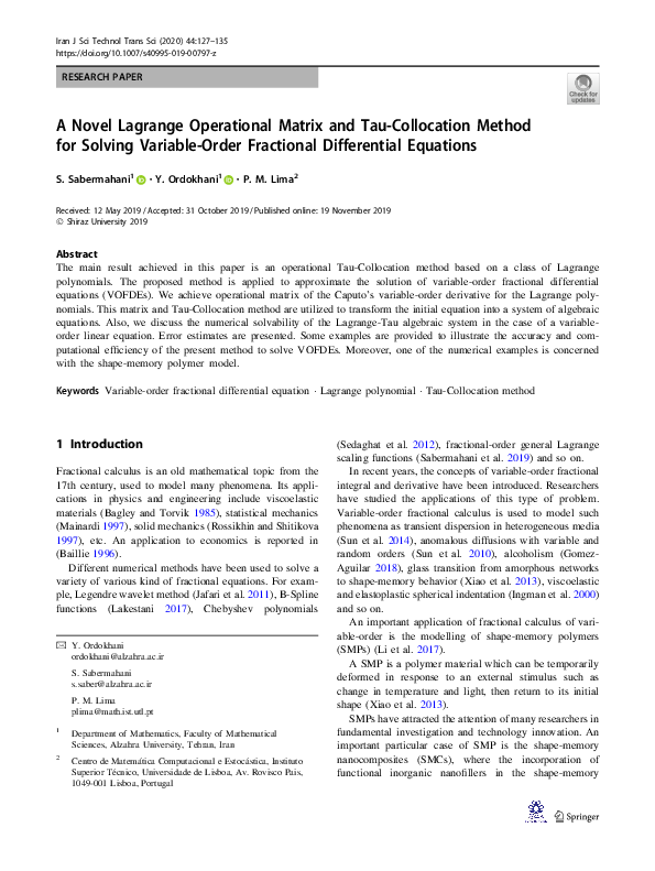Pdf A Novel Lagrange Operational Matrix And Tau Collocation Method For Solving Variable Order