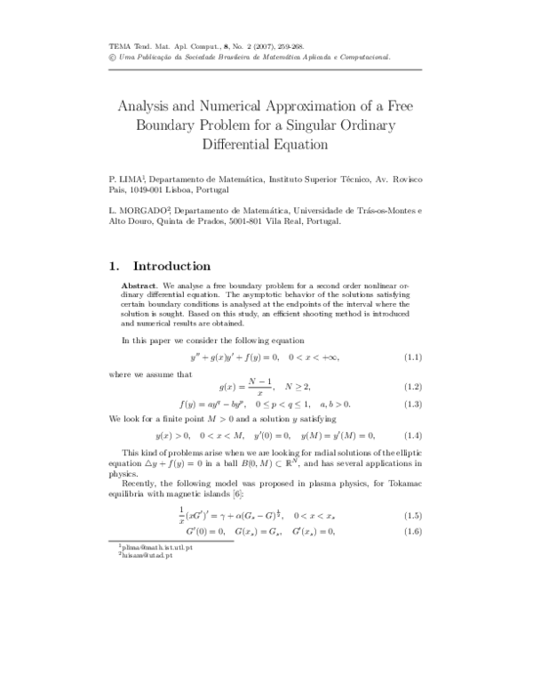 Pdf Analysis And Numerical Approximation Of A Free Boundary Problem For A Singular Ordinary