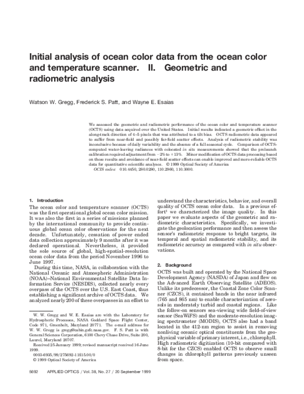 (PDF) Initial Analysis of Ocean Color Data from the Ocean Color and ...