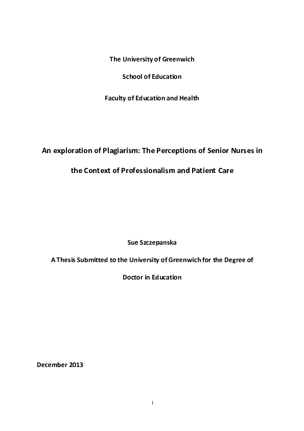 An exploration of plagiarism: the perceptions of senior nurses in the context of professionalism ...