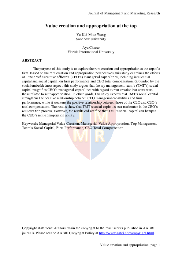 (PDF) Value creation and appropriation at the top