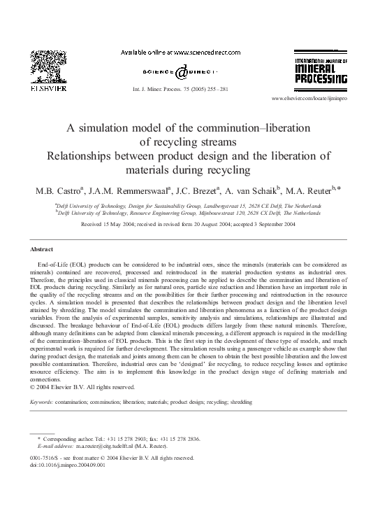 (PDF) A simulation model of the comminution–liberation of recycling streams