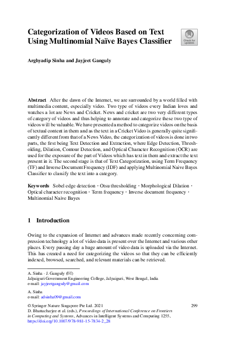 Pdf Categorization Of Videos Based On Text Using Multinomial Naïve
