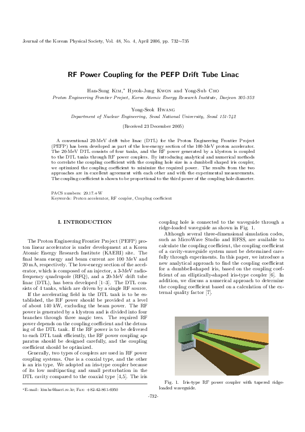 (PDF) RF Power Coupling for the PEFP Drift Tube Linac