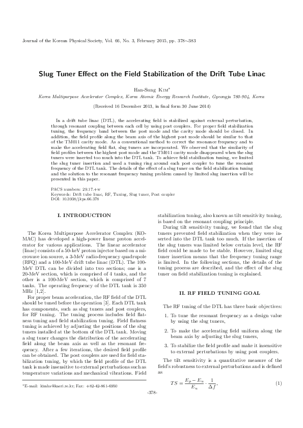 (PDF) Slug tuner effect on the field stabilization of the drift tube linac