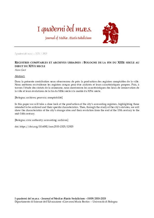 (PDF) Registres comptables et archives urbaines (Bologne, fin XIIIe ...