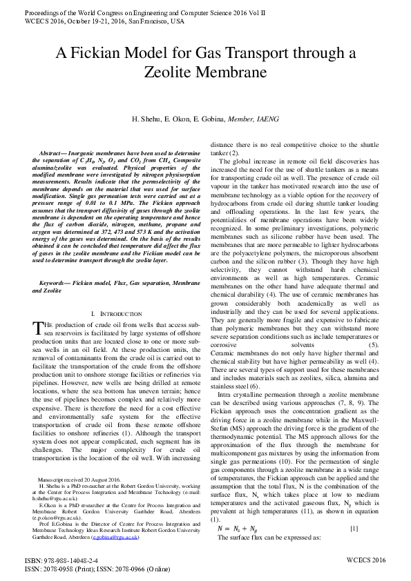 (PDF) A Fickian Model for Gas Transport through a Zeolite Membrane