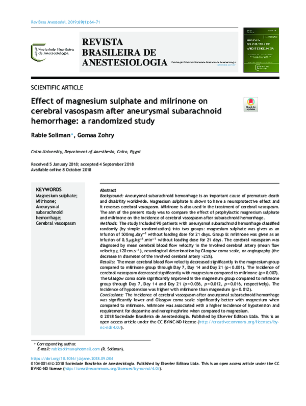 (PDF) Effect of magnesium sulphate and milrinone on cerebral vasospasm ...