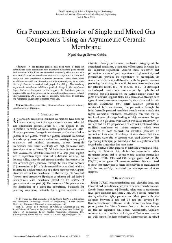 (PDF) Gas Permeation Behavior of Single and Mixed Gas Components Using ...