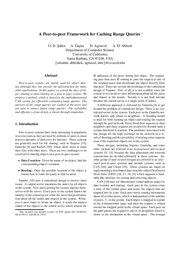 (PDF) A Peer-to-peer Framework for Caching Range Queries