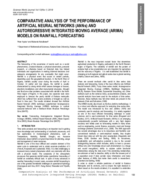 Comparative Analysis Of The Performance Of Artificial Neural Networks Anns And Autoregressive