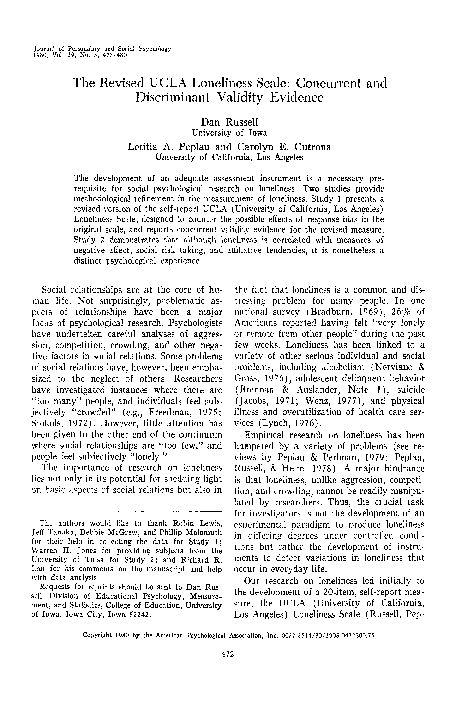 (PDF) The revised UCLA Loneliness Scale: Concurrent and discriminant ...