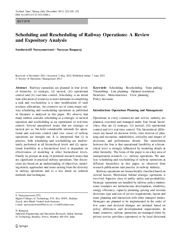 Pdf Scheduling And Rescheduling Of Railway Operations A Review And
