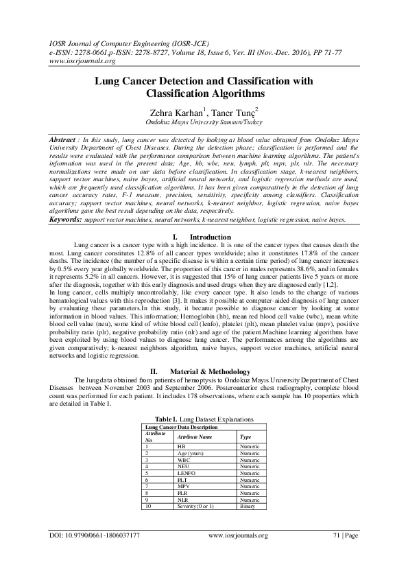 Pdf Lung Cancer Detection And Classification With Classification Algorithms
