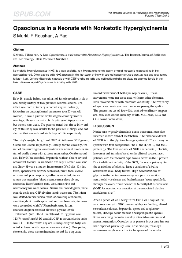 (PDF) Opsoclonus in a Neonate with Nonketotic Hyperglycinemia
