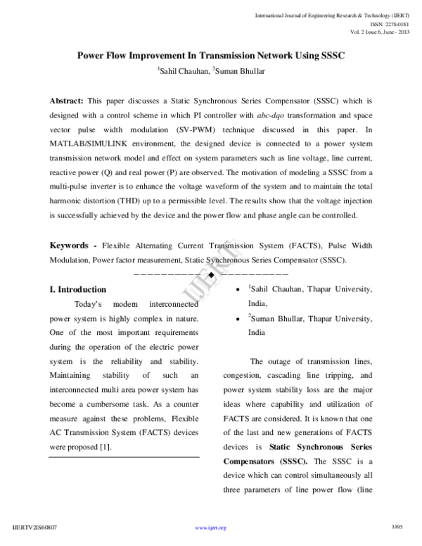 (PDF) Power Flow Improvement In Transmission Network Using SSSC